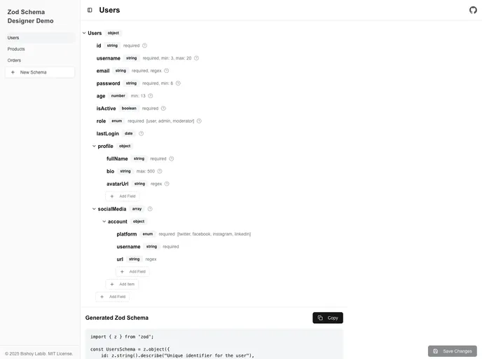 Zod Schema Designer by Bishoymly - A undefined Template | Built At Lightspeed