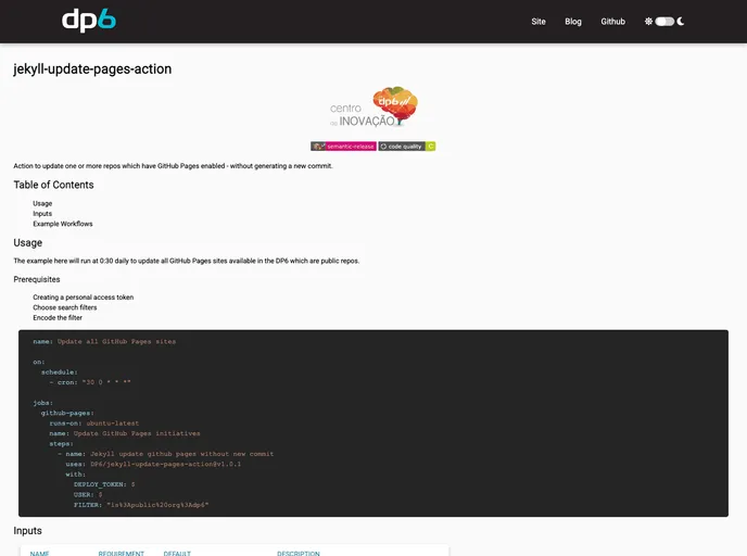 Jekyll Update Pages Action by Dp6 - A Jekyll Template | Built At Lightspeed
