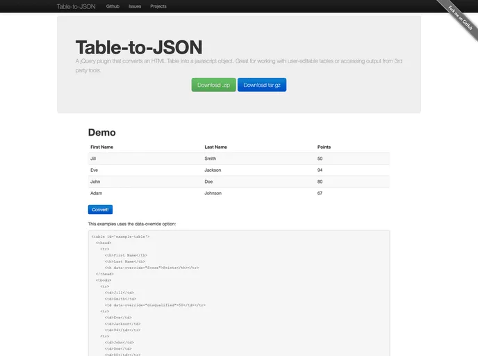 Table To Json by Lightswitch05 - A undefined Template | Built At Lightspeed