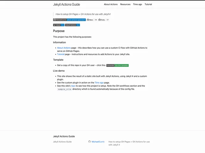 Jekyll Actions Quickstart by Michaelcurrin - A Jekyll Template | Built At Lightspeed