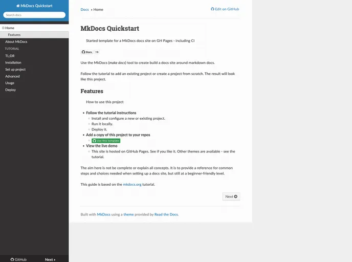 Mkdocs Quickstart by Michaelcurrin - A undefined Template | Built At Lightspeed