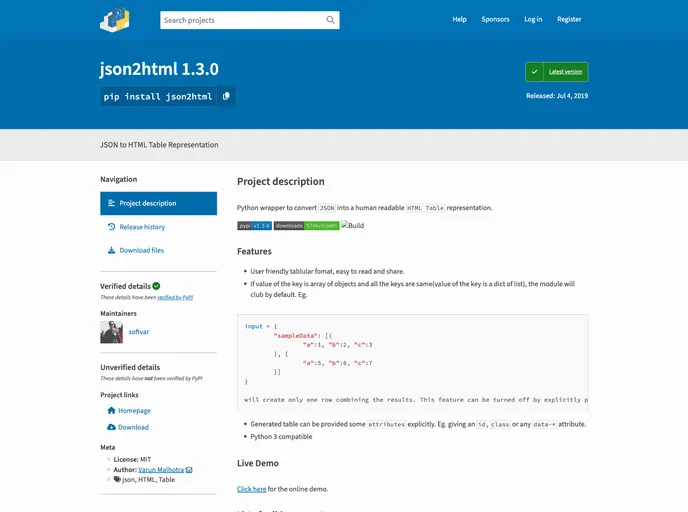 Json2html by Softvar - A undefined Template | Built At Lightspeed