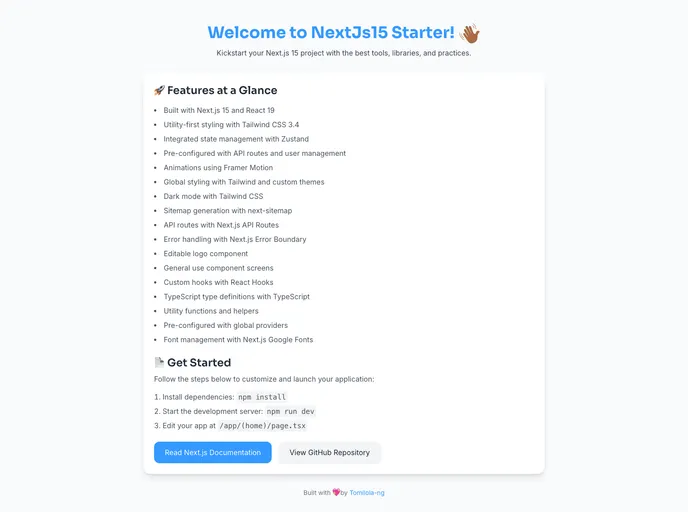 Nextjs15 Starter by Tomilola Ng - A undefined Template | Built At Lightspeed