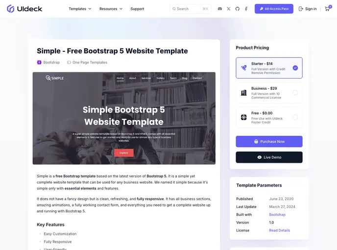 Simple Bootstrap 5 Template by Uideck - A undefined Template | Built At Lightspeed