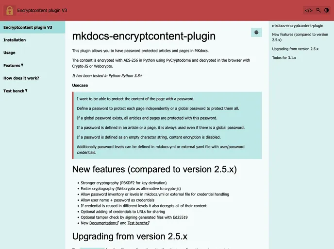 Mkdocs Encryptcontent Plugin by Unverbuggt - A undefined Template | Built At Lightspeed