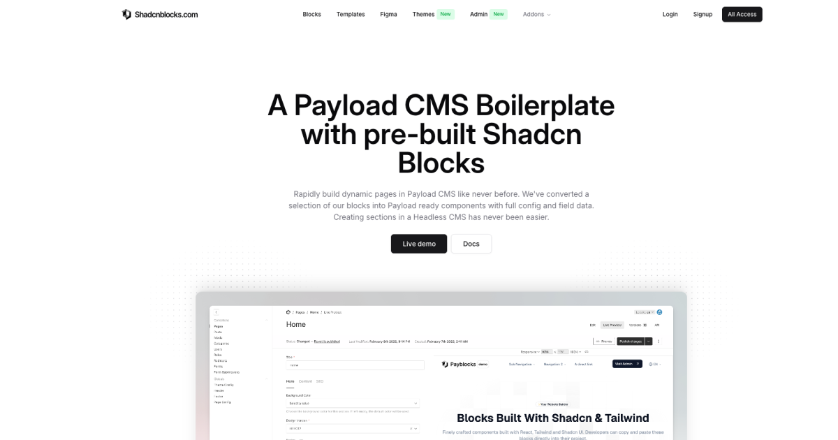Payload CMS Boilerplate - Shadcnblocks.com