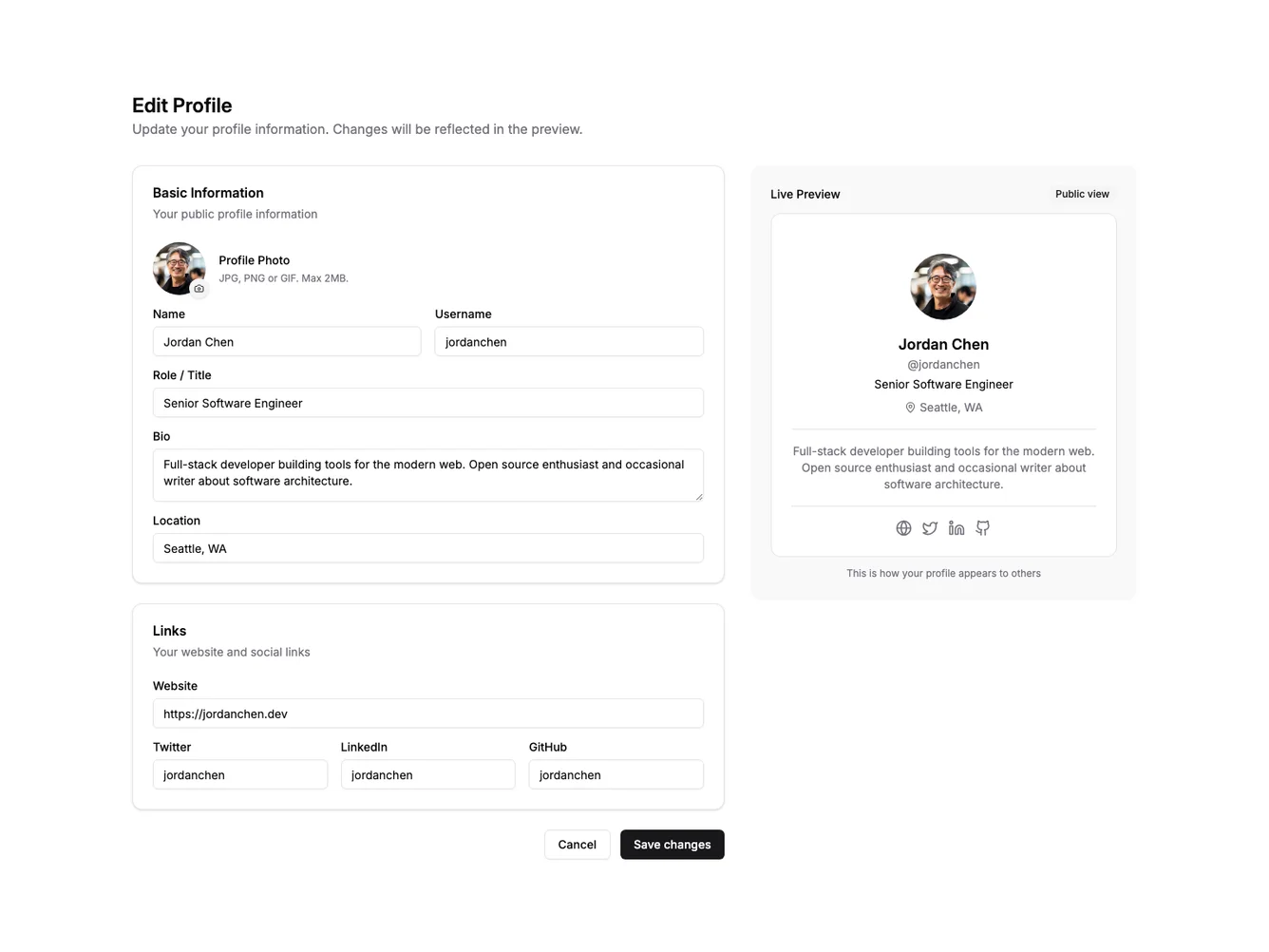 Profile with Live Preview - Shadcn Settings Profile Block ...